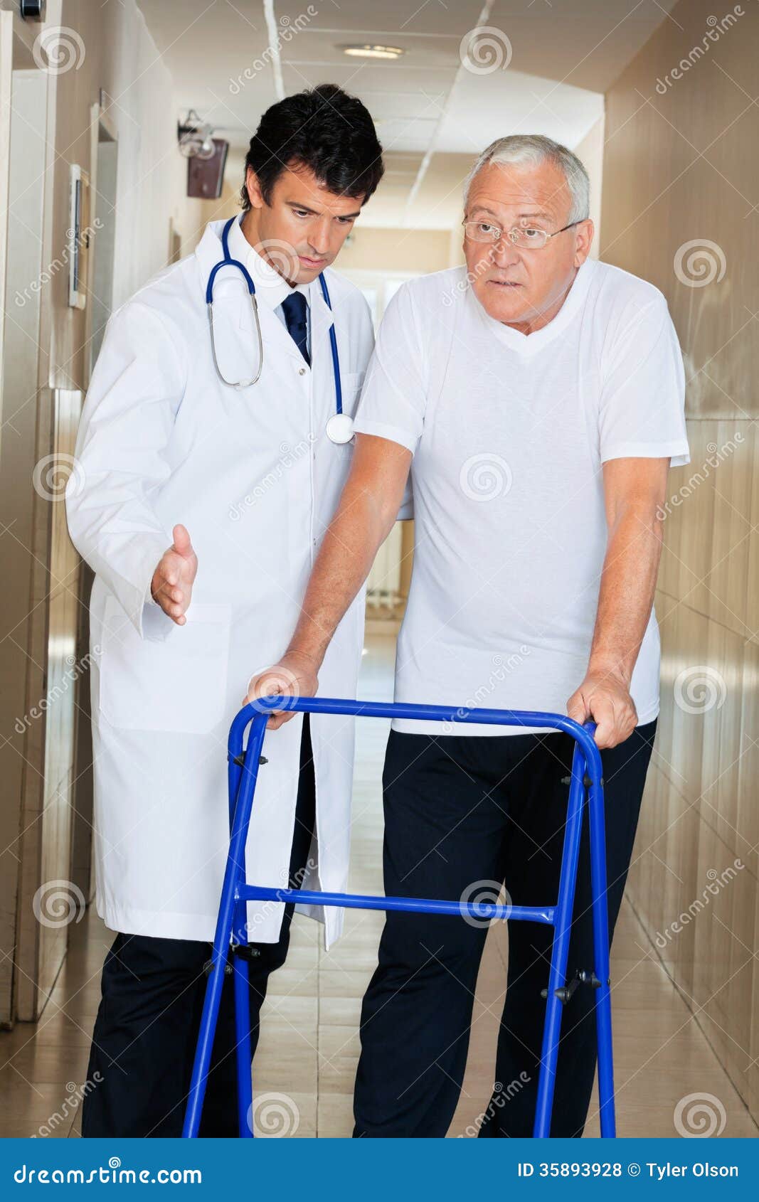 Doctor Assisting Senior Man on a Walker Stock Photo - Image of injury ...