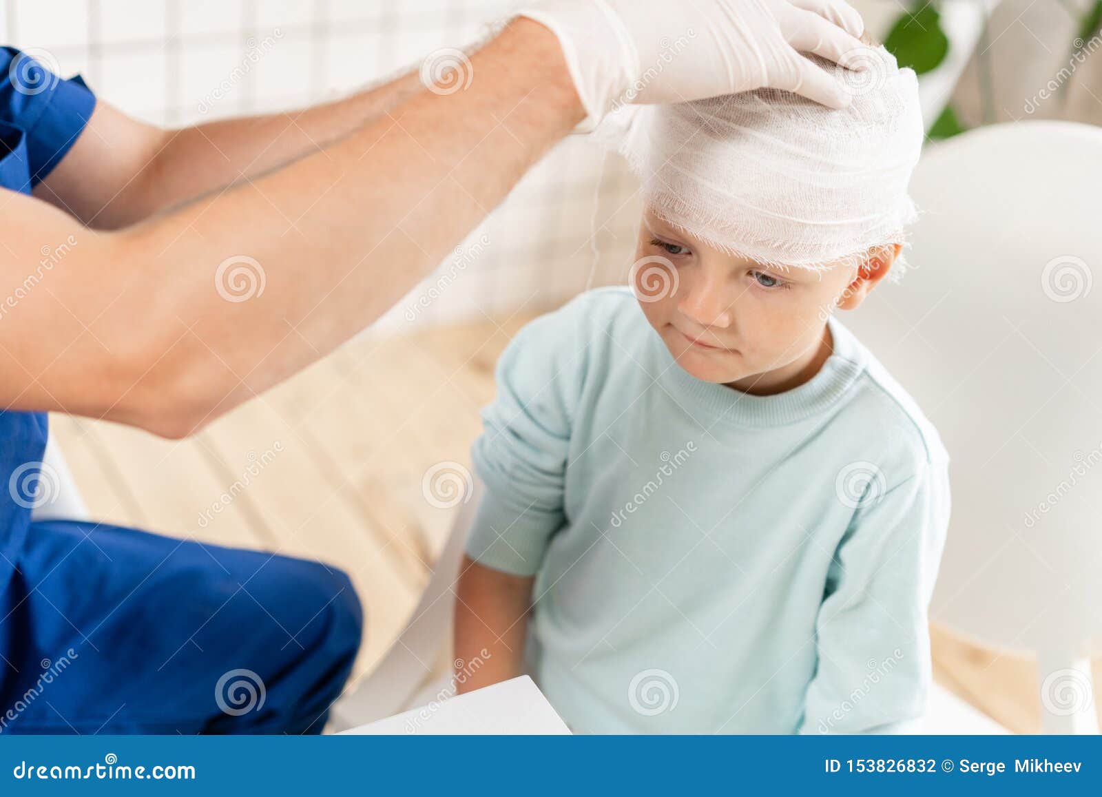 Doctor Bandaged a Boy Head with Trauma in His Head and Elastic Bandaged ...