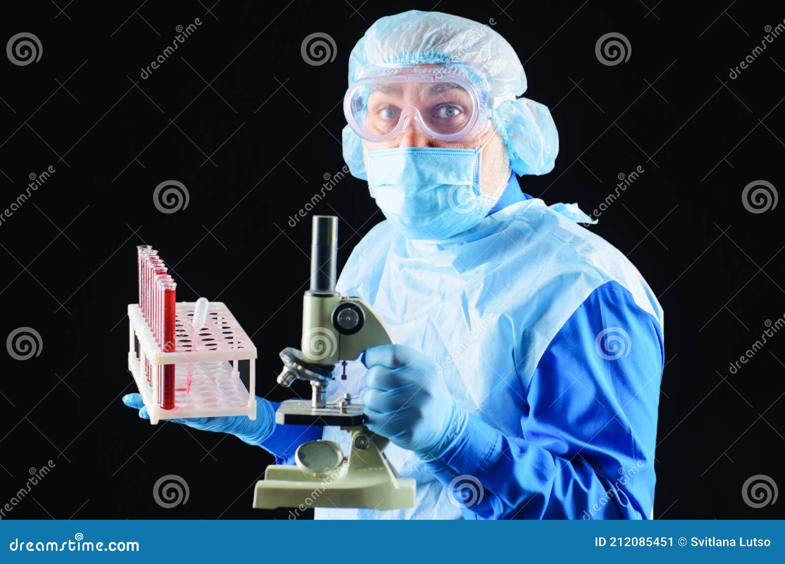 Doctor with Blood Test Tubes and Microscope. Laboratory Technician ...