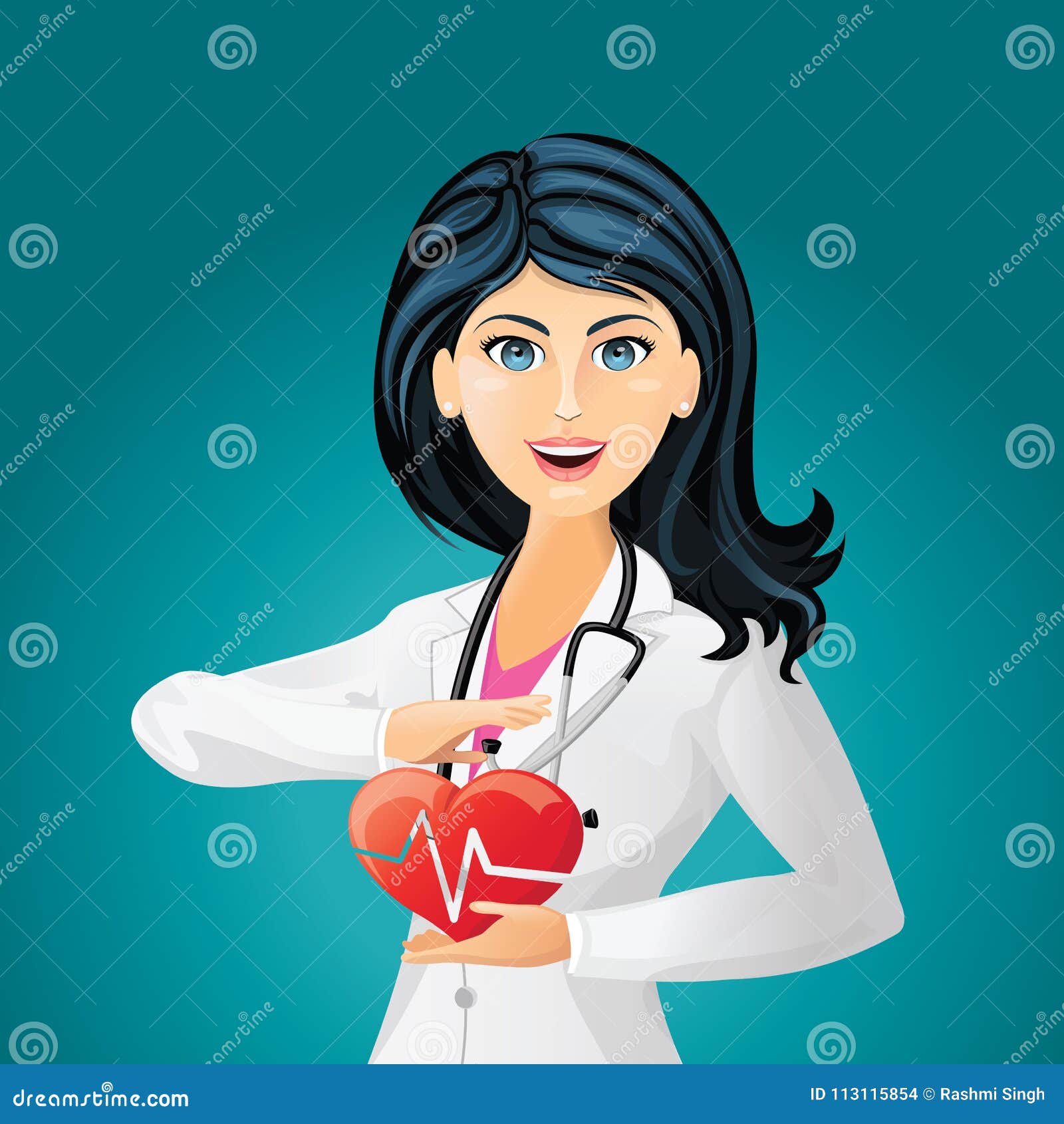 Doctor Cardiologist With Red Heart Female Doctor With Stethoscope