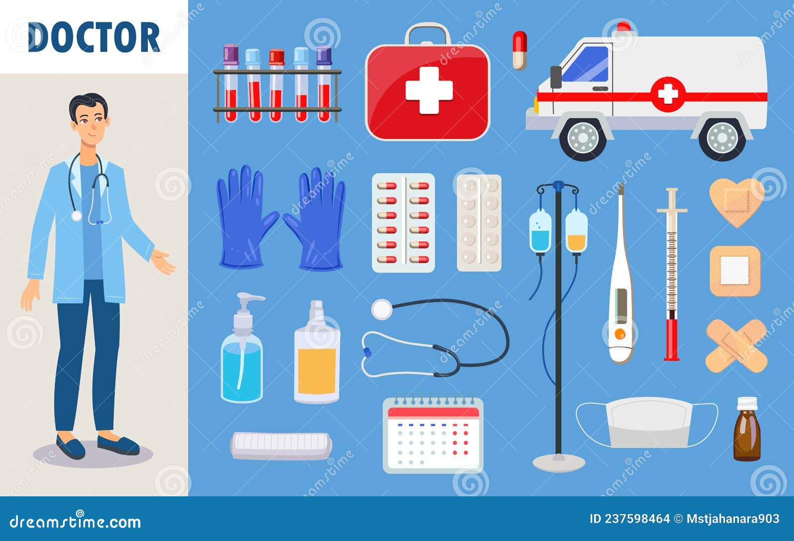 Doctor Character and Medical Objects Vector Illustrations Set Stock ...