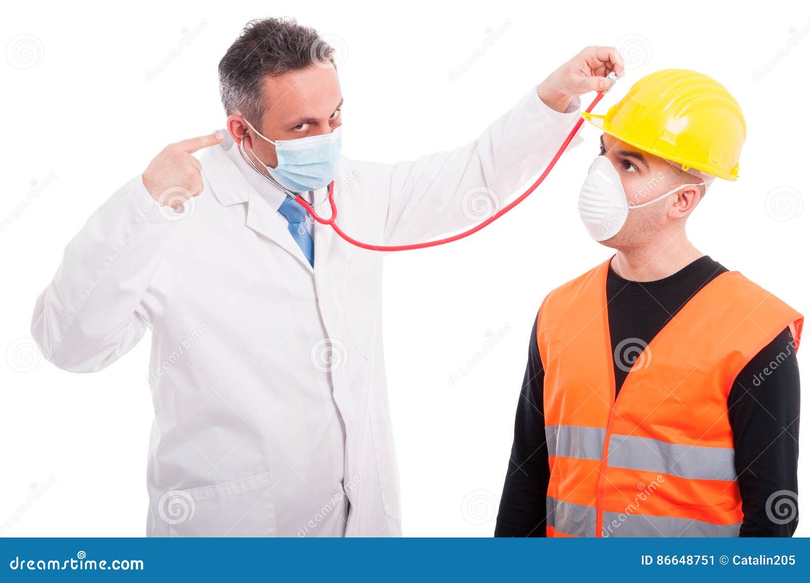 Doctor Checking Constructors Helmet with Stethoscope Stock Image ...