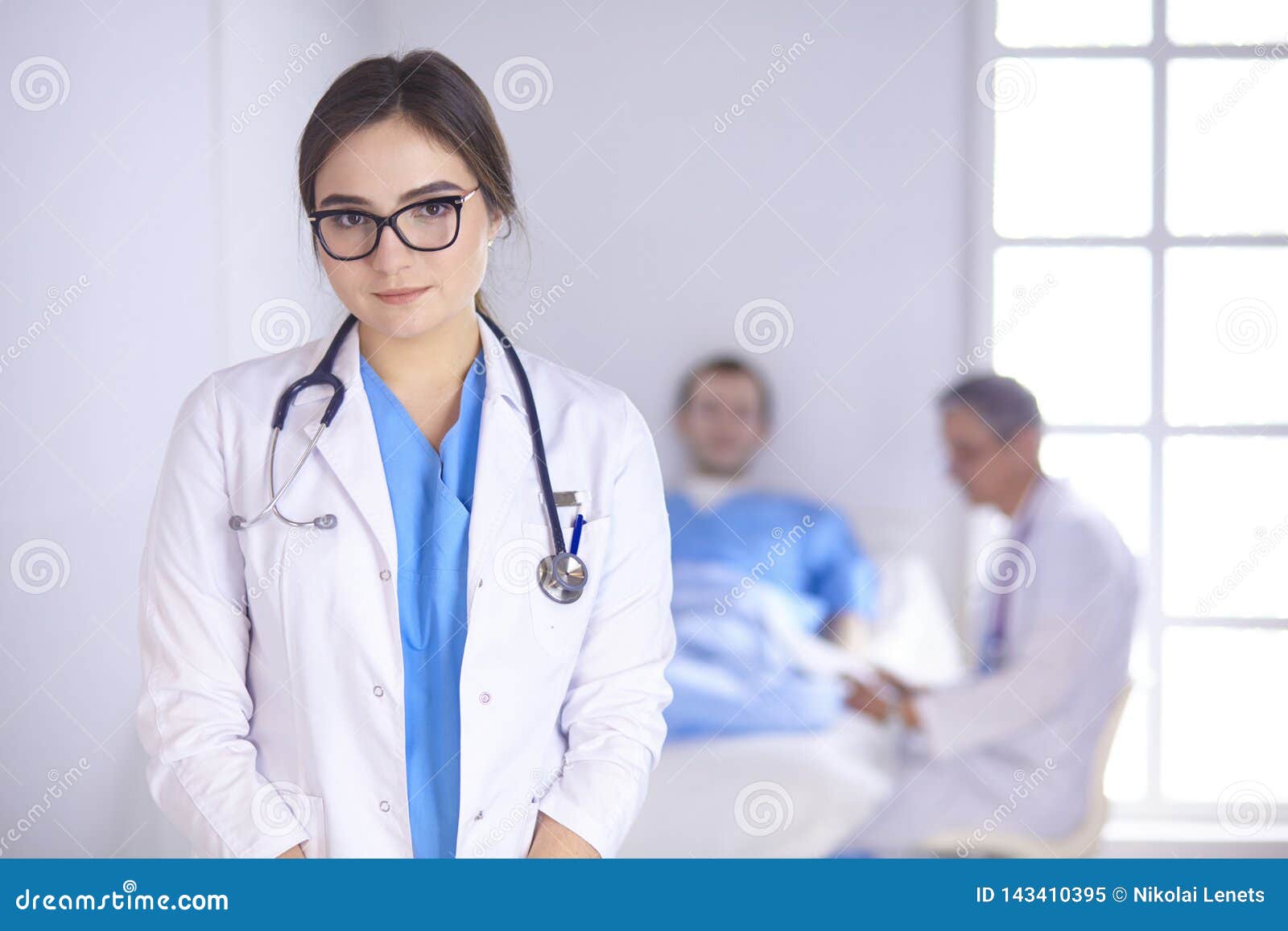 Doctor Checking Heart Beat of Patient in Bed with Stethoscope Stock ...