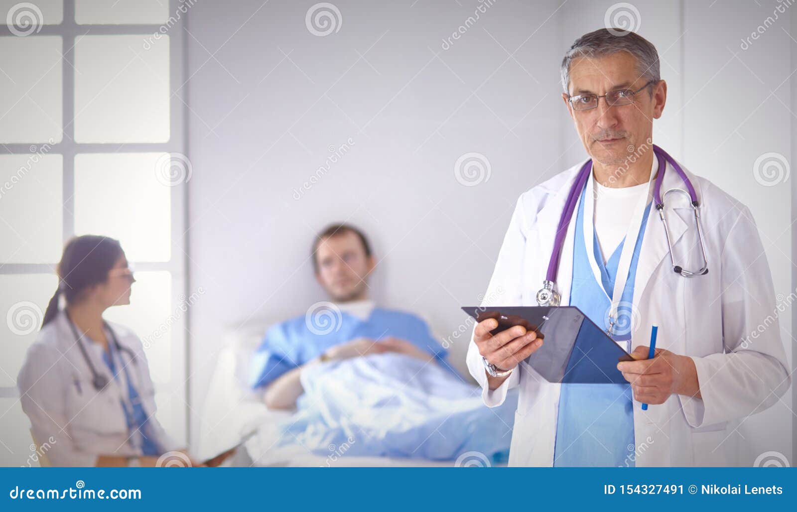 Doctor Checking Heart Beat of Patient in Bed with Stethoscope Stock ...