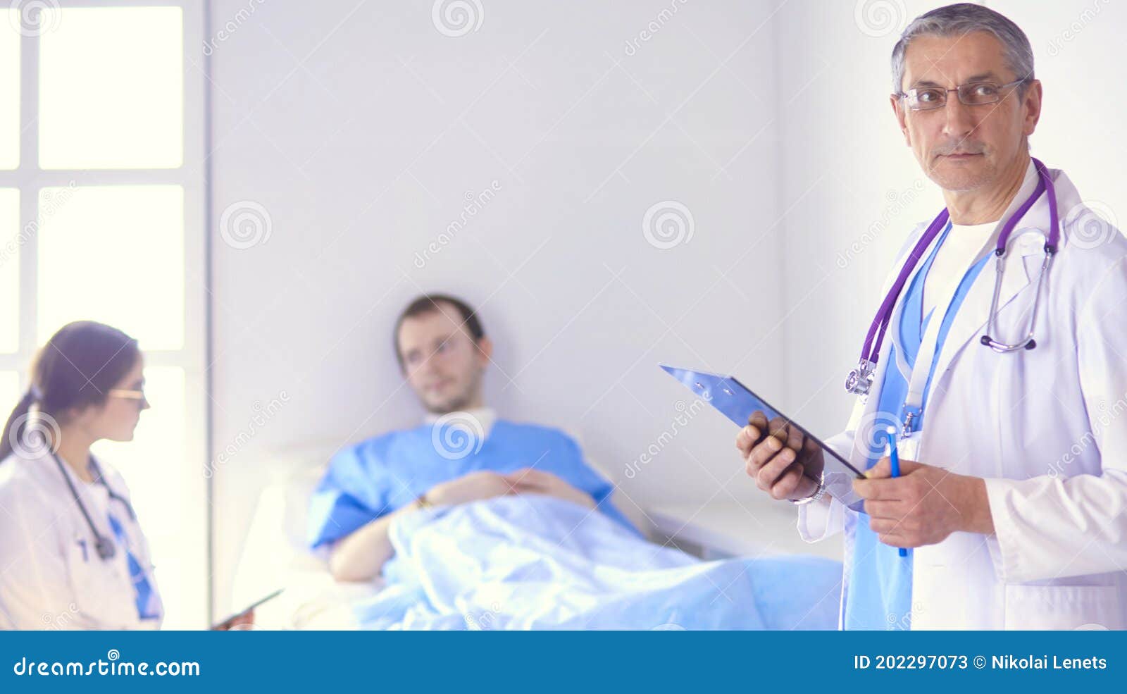 Doctor Checking Heart Beat of Patient in Bed with Stethoscope Stock ...