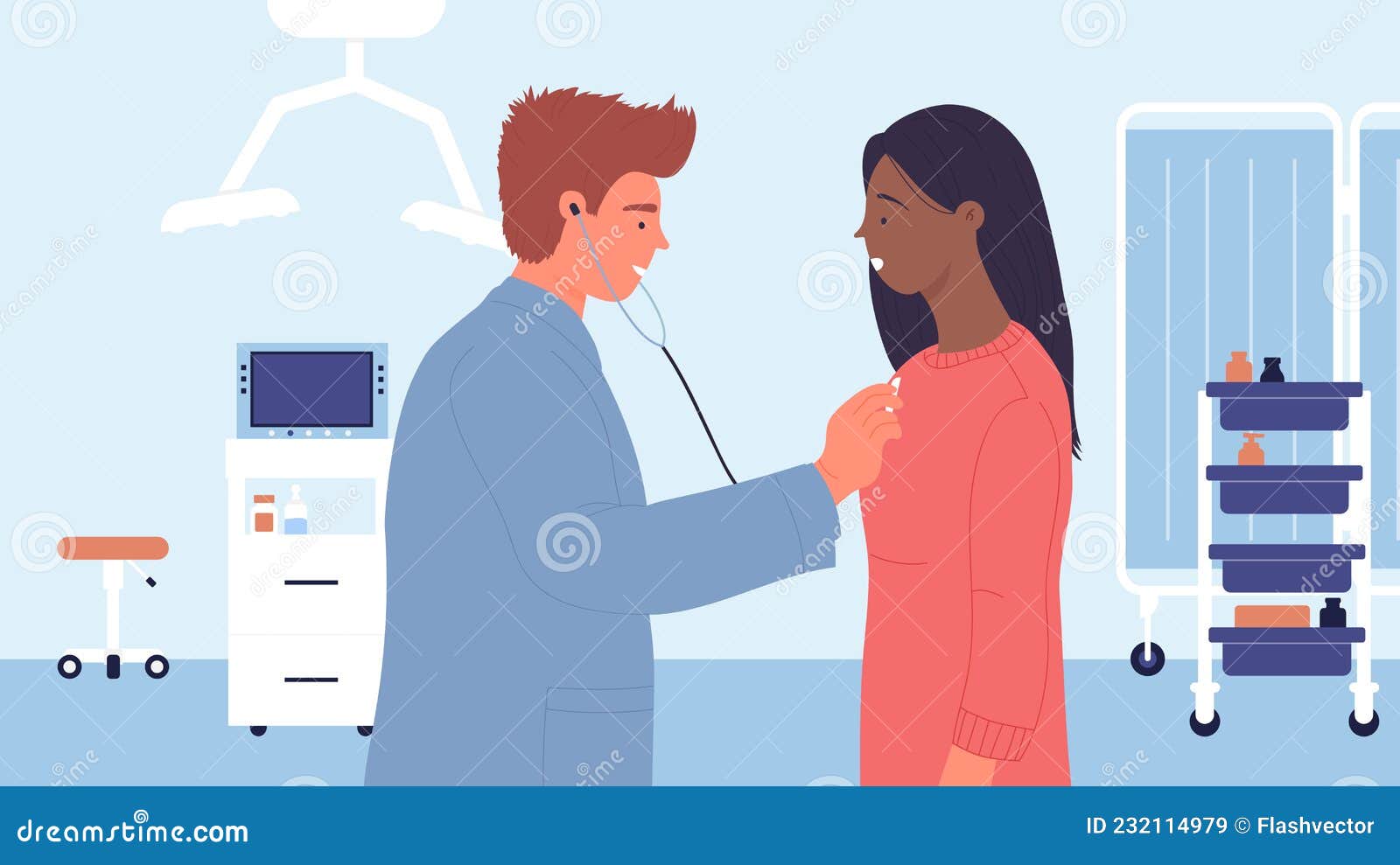 Doctor Checkup In Medical Clinic Physician With Stethoscope Listening
