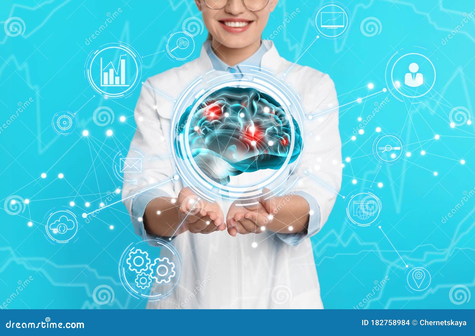 Doctor Demonstrating Digital Image of Human Brain on Blue Background ...