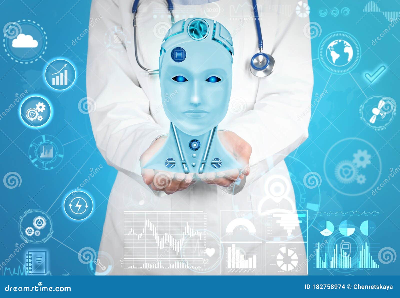 Doctor Demonstrating Digital Model of Artificial Intelligence on Blue ...