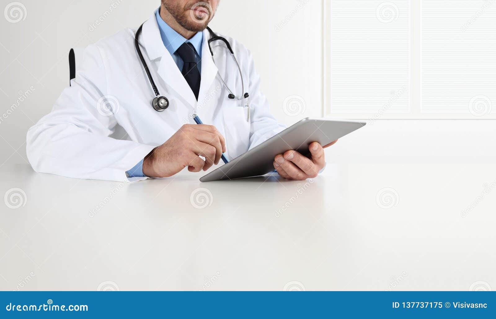 Doctor at Desk Office Write on Digital Tablet Isolated on White ...