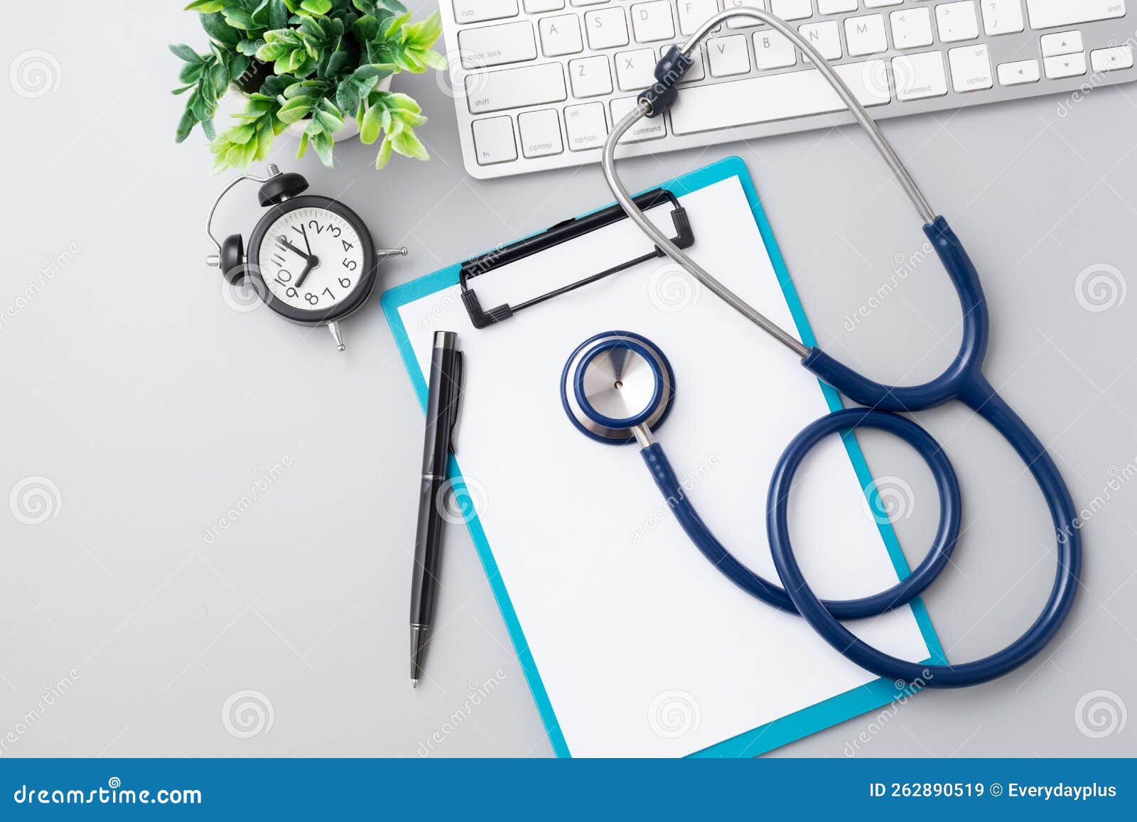 Doctor Desk with Stethoscope, Computer Keyboard and Pen, Top View Stock ...