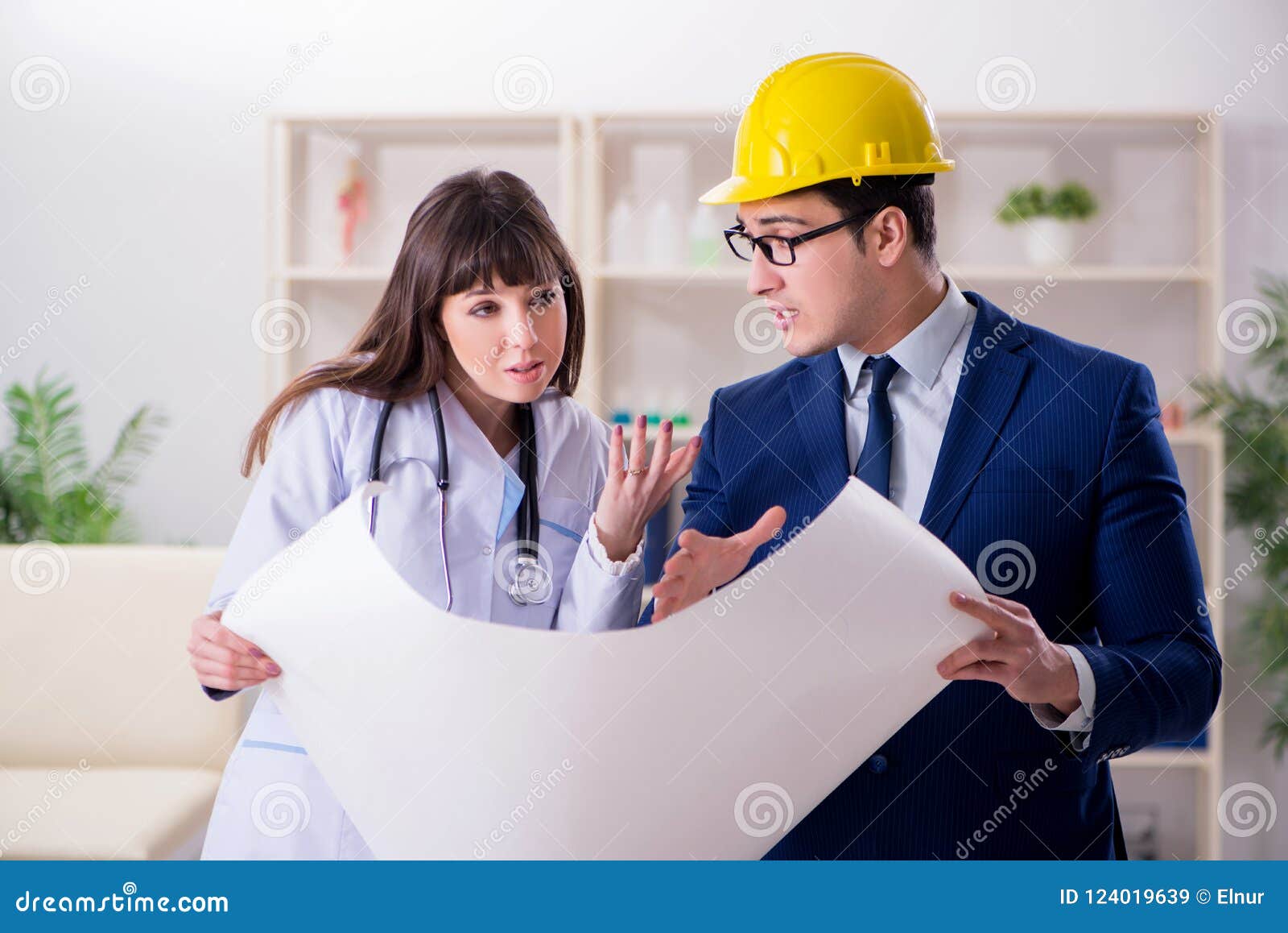 The Doctor Discussing New Hospital Plan with Architect Stock Image ...