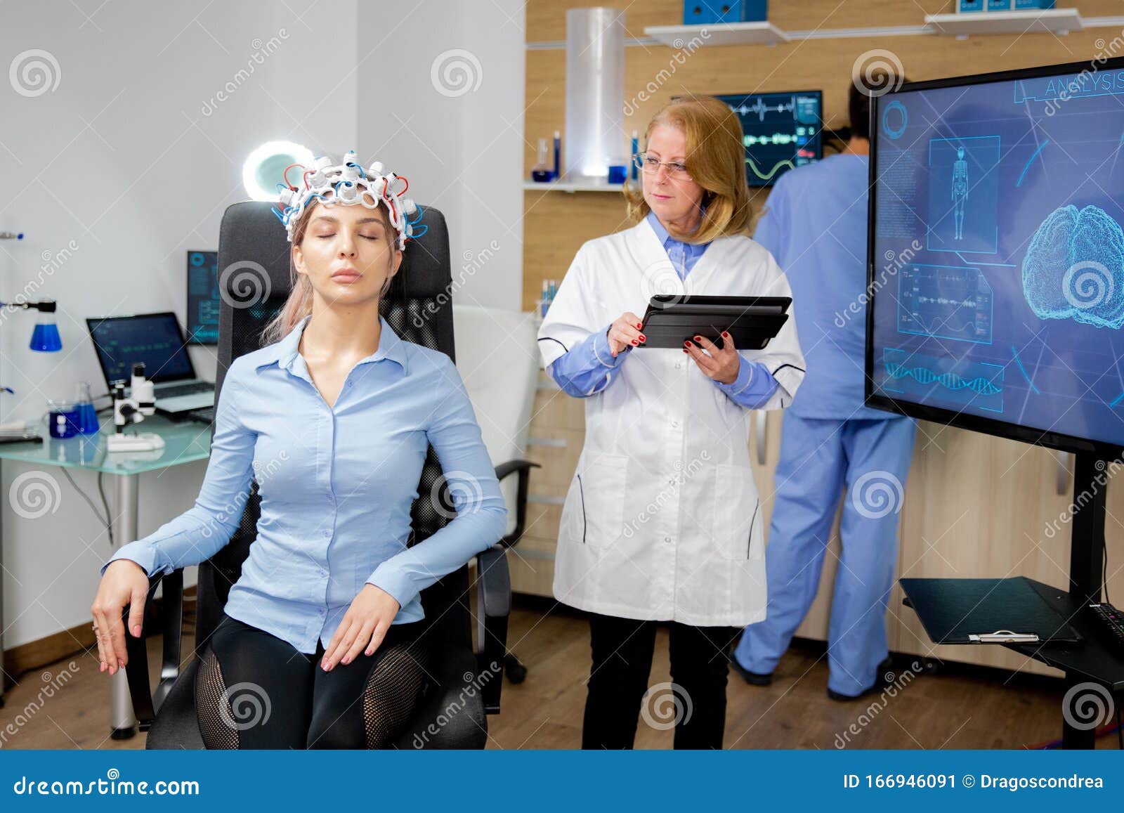 Doctor Doing A Girl`s Brain Scan Procedure In A Scientific Lab Stock Image Image Of Medical
