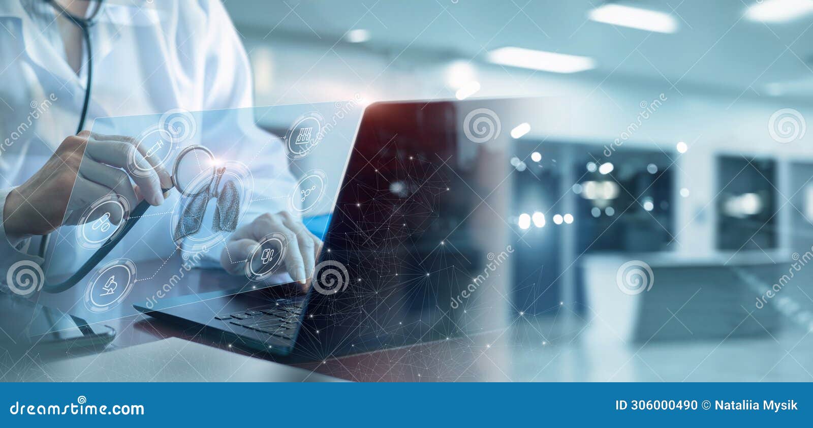 Doctor Examines Lungs at Computer Stock Photo - Image of icons ...