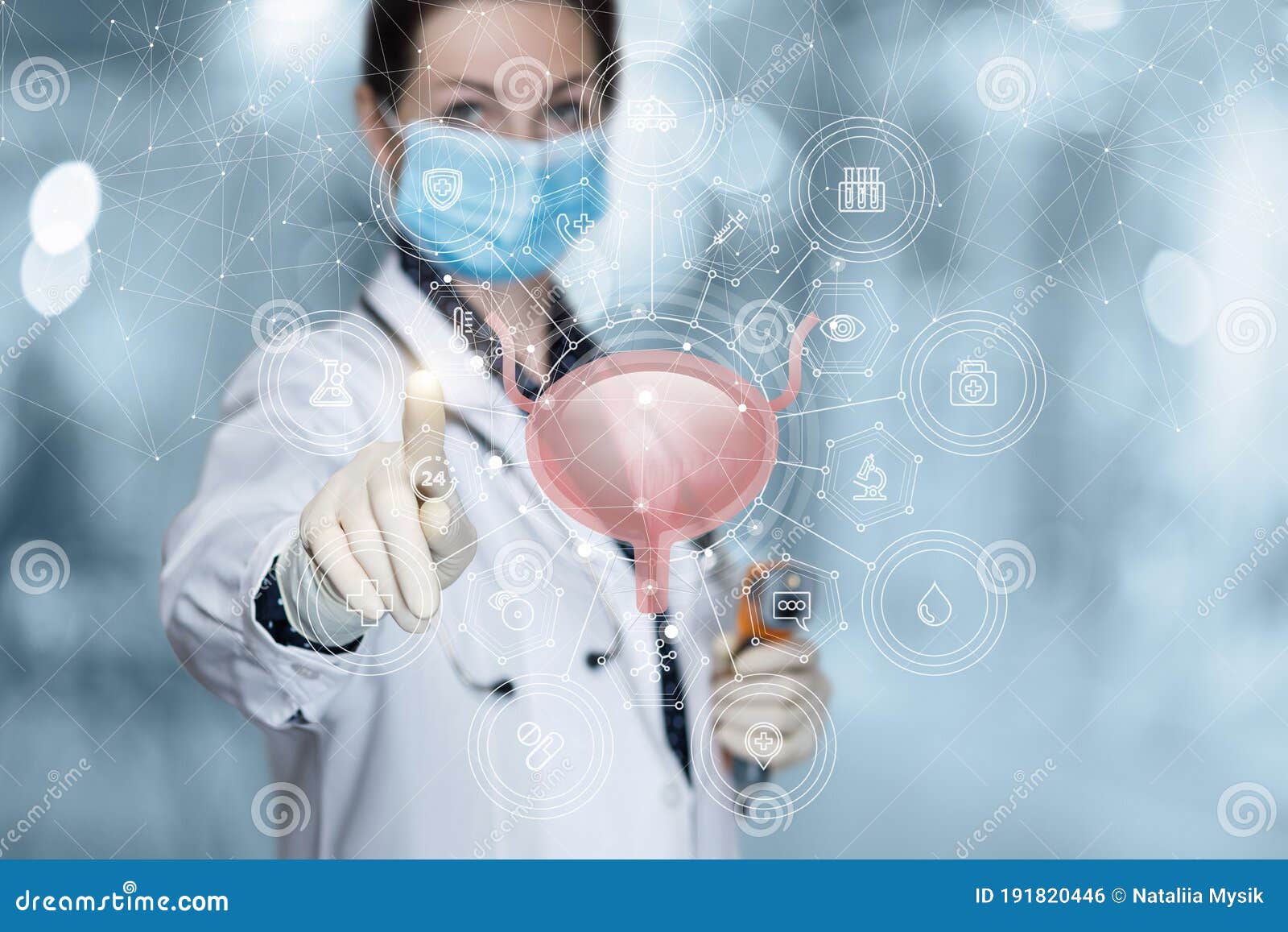 Doctor Examines the Urinary System of a Patient with a Bladder Model ...