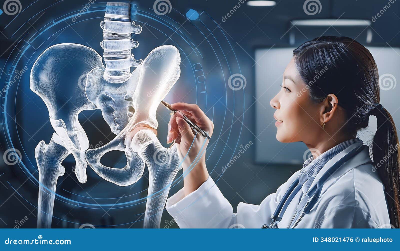 A Doctor Examining Hip Replacement Complications on a Digital Medical ...