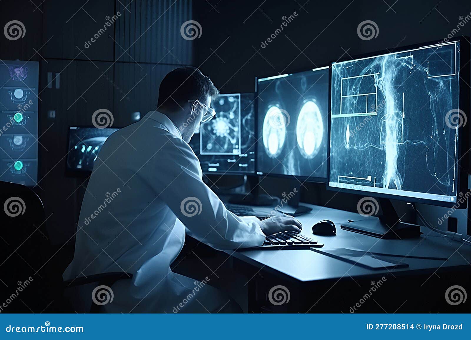 Doctor Examining MRI Images of Patient on Screen Modern Computers ...