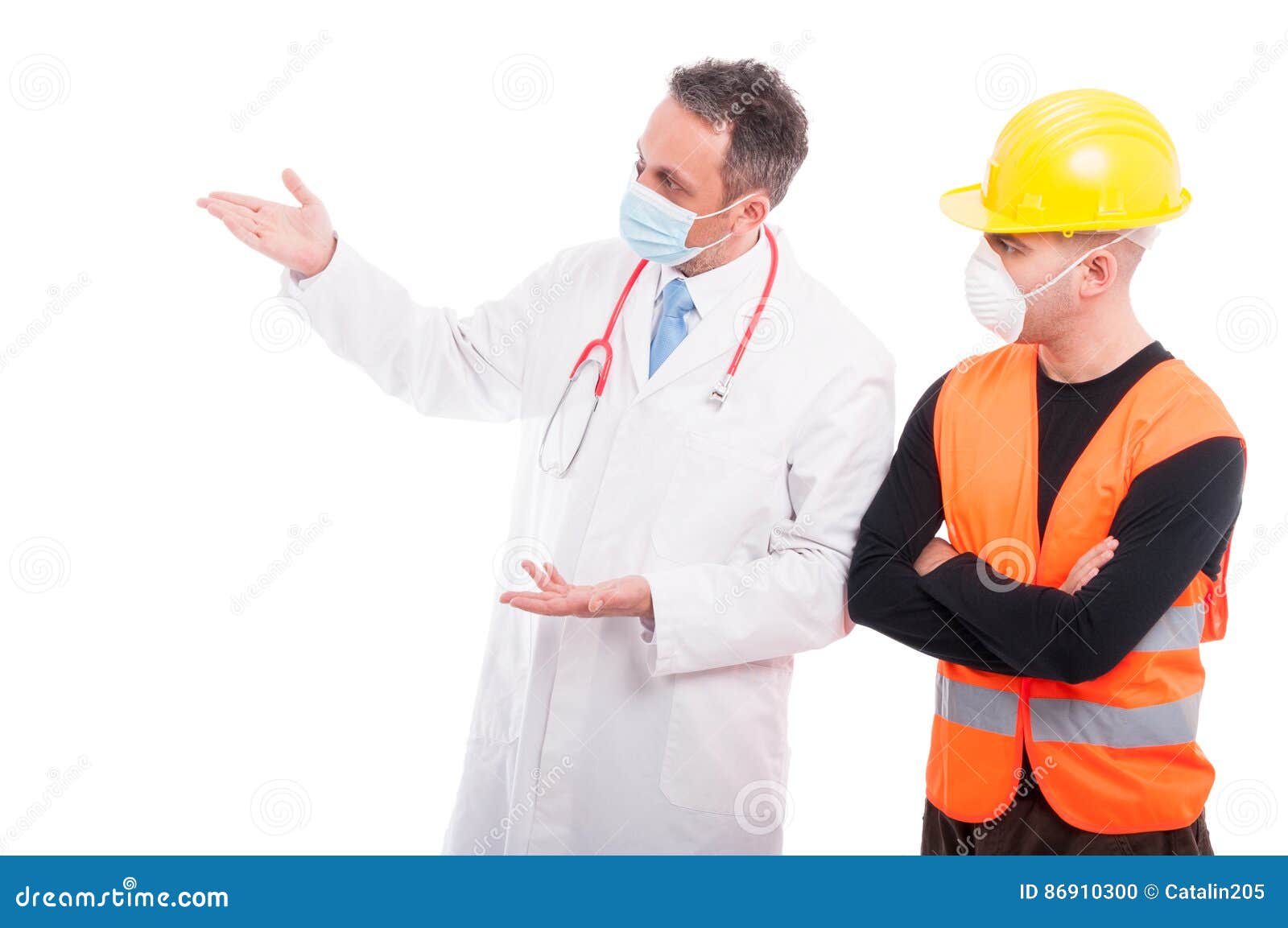 Doctor Explaining Something To Constructor Stock Photo - Image of mask ...