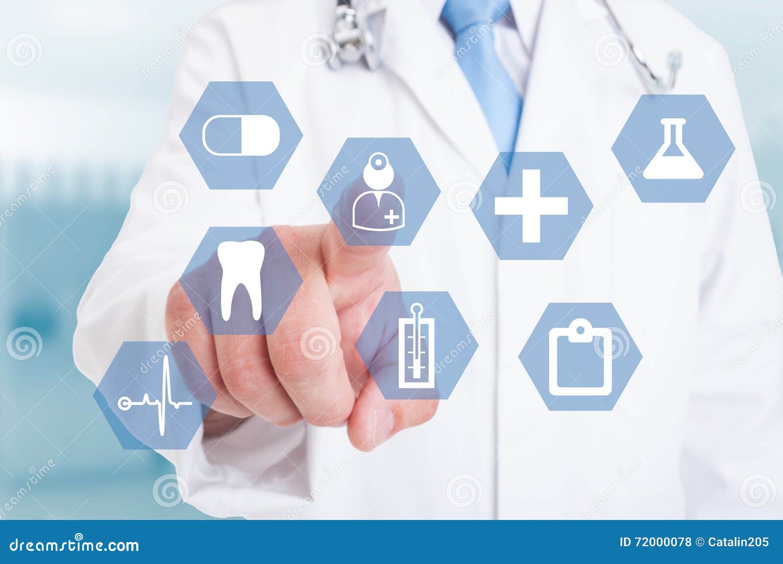 Doctor Finger Using a Touch Screen Interface with Medical Icons Stock ...