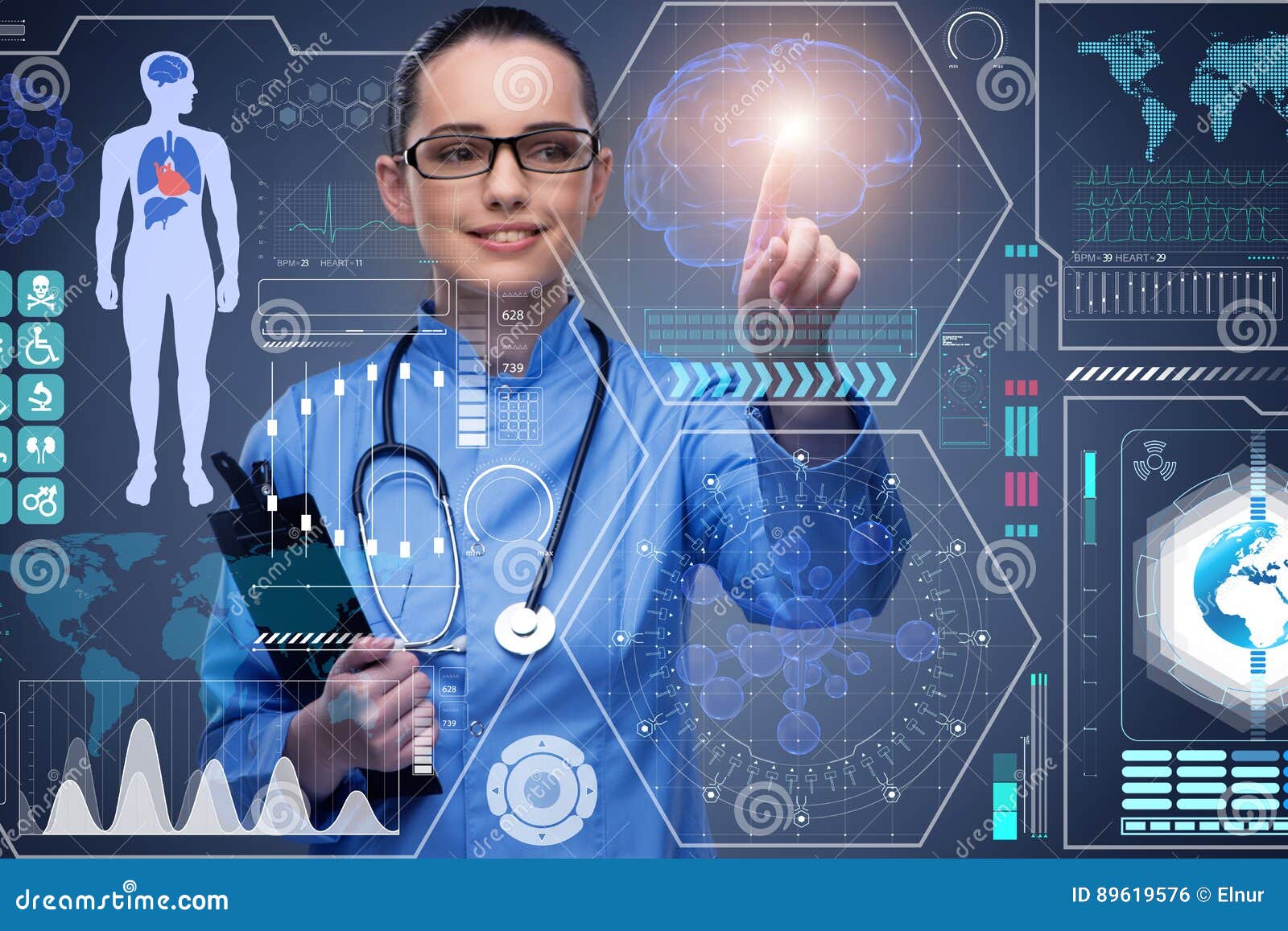 The Doctor in Futuristic Medical Concept Pressing Button Stock Photo ...