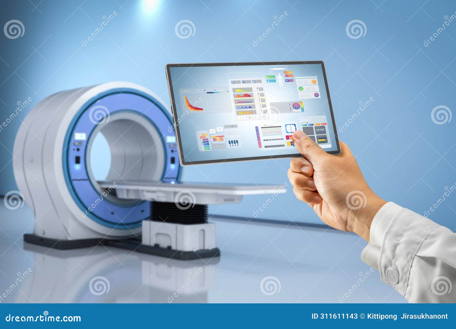 Doctor with Graphic Interface Display in Hospital Room with Mri Scanner ...