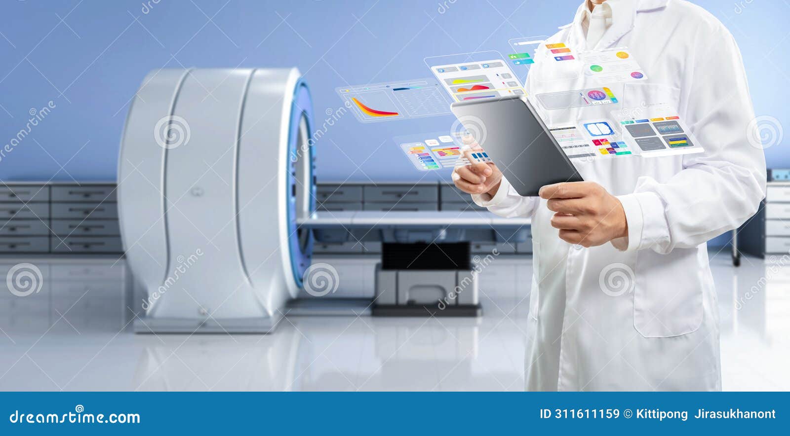 Doctor with Graphic Interface Display in Hospital Room with Mri Scanner ...