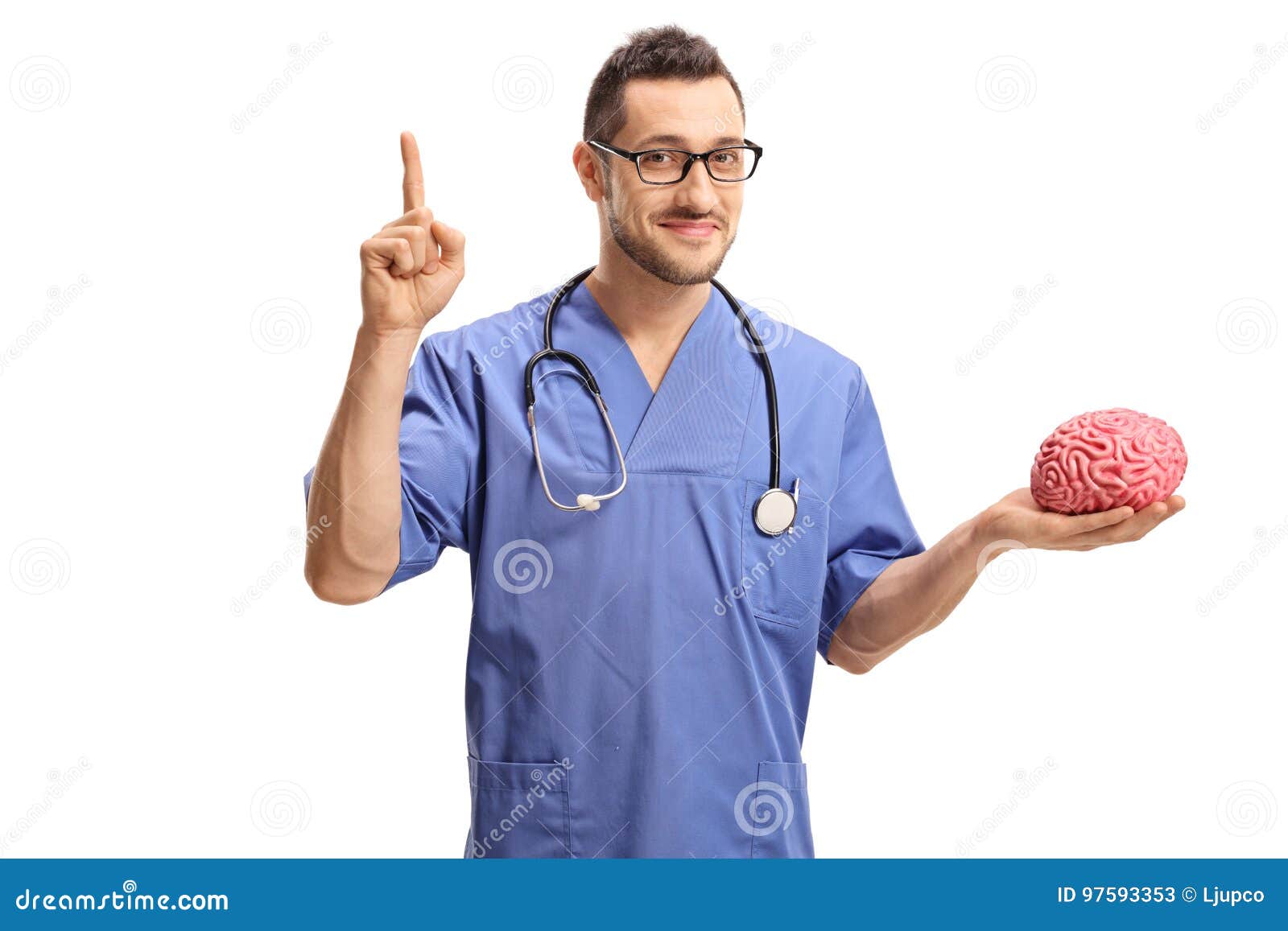 Doctor Holding A Brain Model And Pointing Up Stock Image - Image of ...