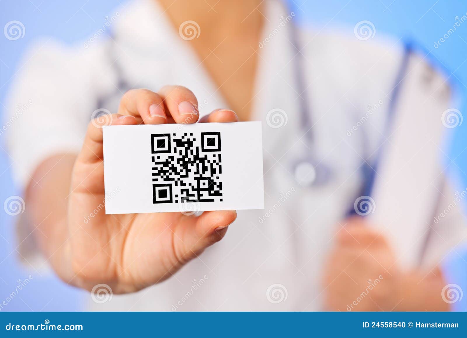 Doctor Holding Business Card with QR Code Stock Photo - Image of global ...