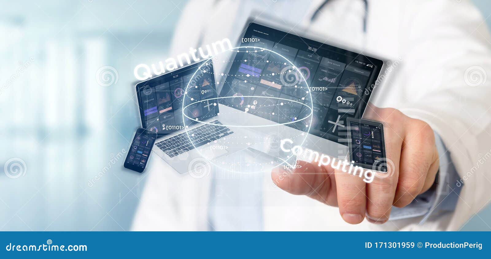 Doctor Holding Quantum Computing Concept with Qubit and Devices 3d ...