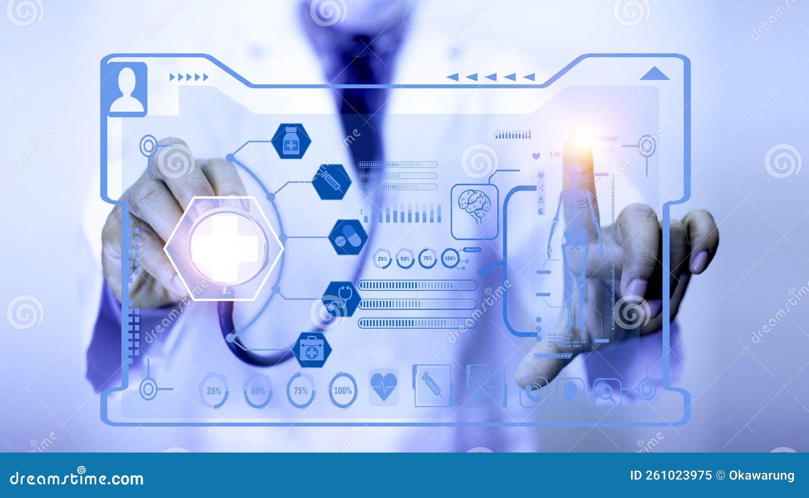 Doctor Holding Stethoscope Works Using Laptop with Virtual Screen ...