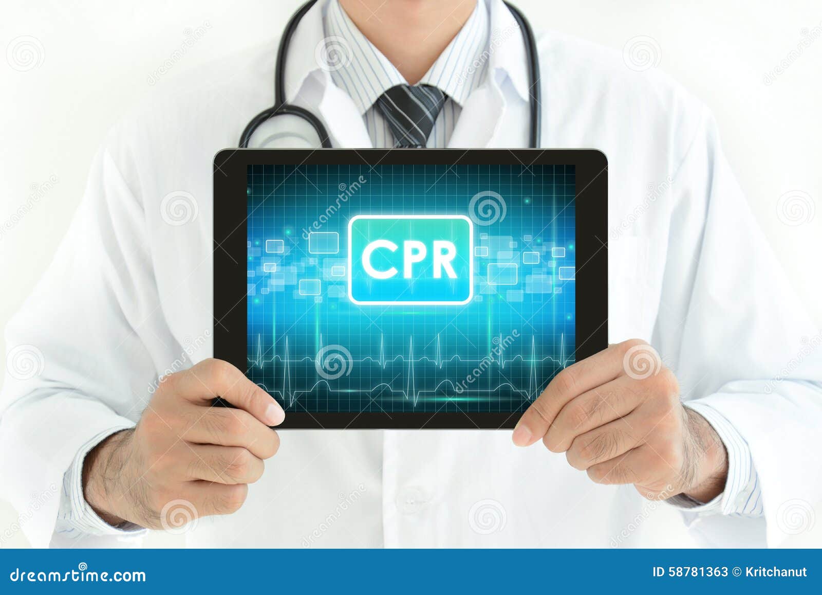 Doctor Holding Tablet Pc with CPR Sign on Screen Stock Image - Image of ...