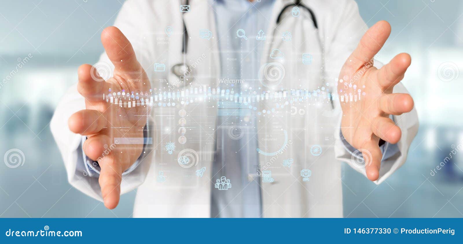 Doctor Holding User Interface Screens with Icon, Stats and Data 3d ...