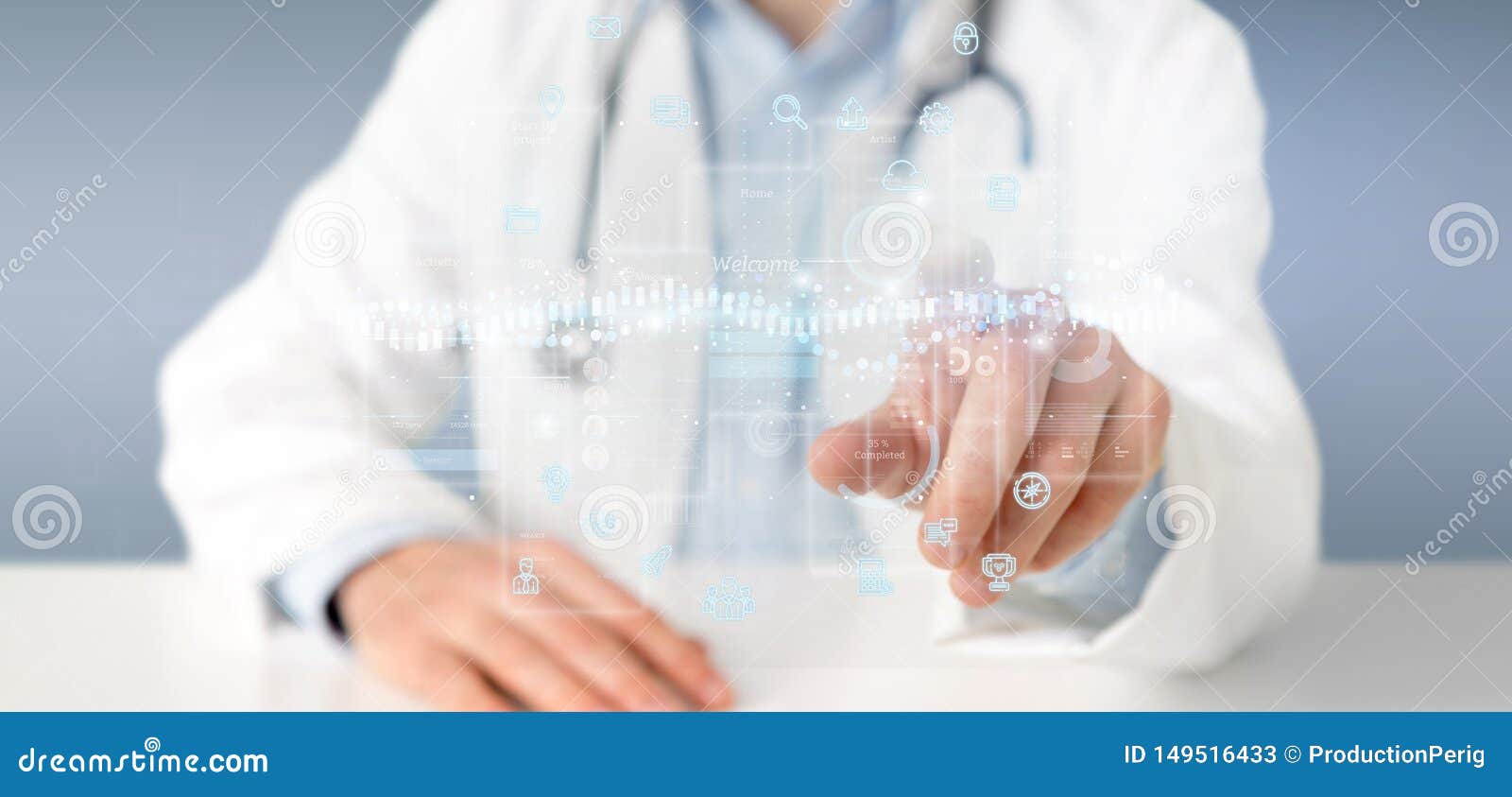 Doctor Holding User Interface Screens with Icon, Stats and Data 3d ...