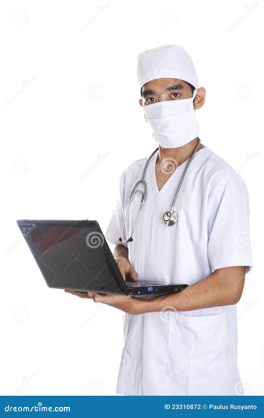 Doctor with Laptop Over White Background Stock Photo - Image of looking ...