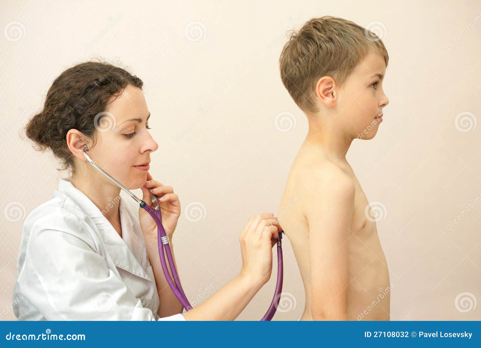 The Doctor Listens With A Stethoscope To The Lungs Of A Sick Child For ...