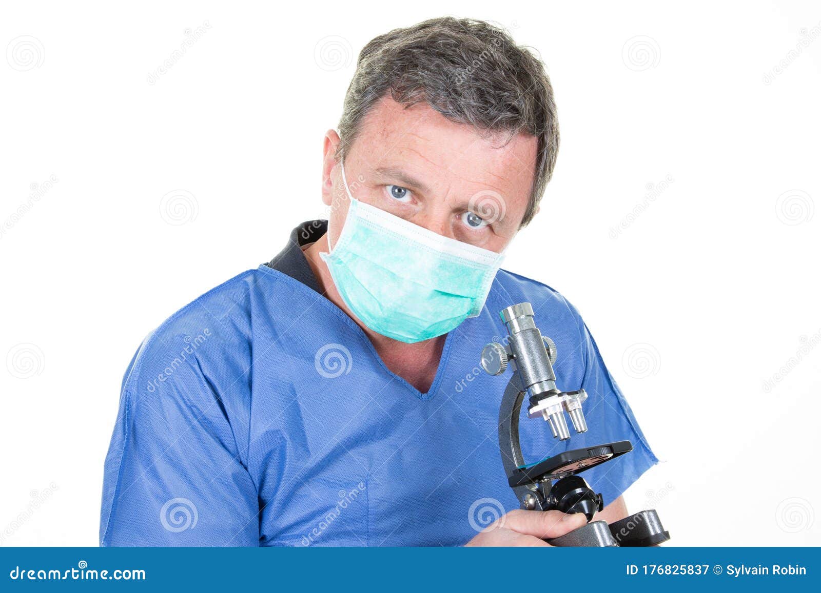 Doctor Man with Microscope Analyzing Covid-19 Coronavirus Concept Stock ...