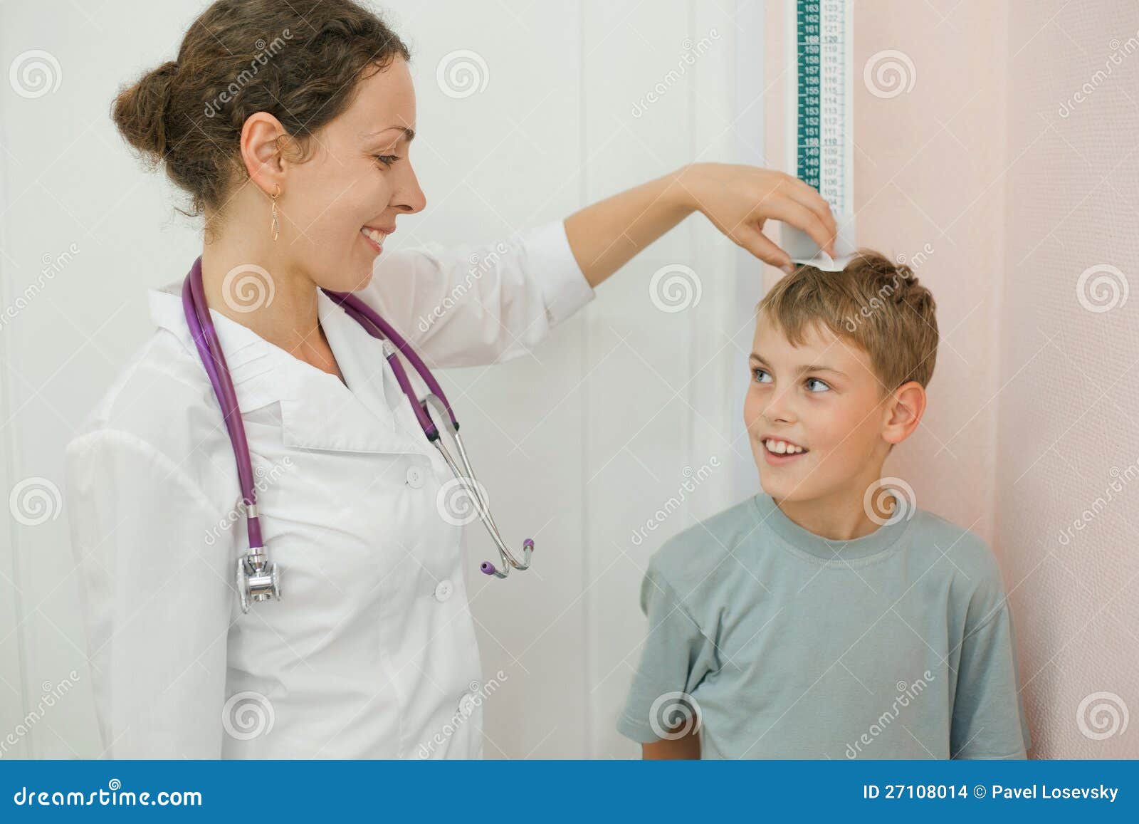 Doctor Measures Growth Boy in Medical Office Stock Photo - Image of ...