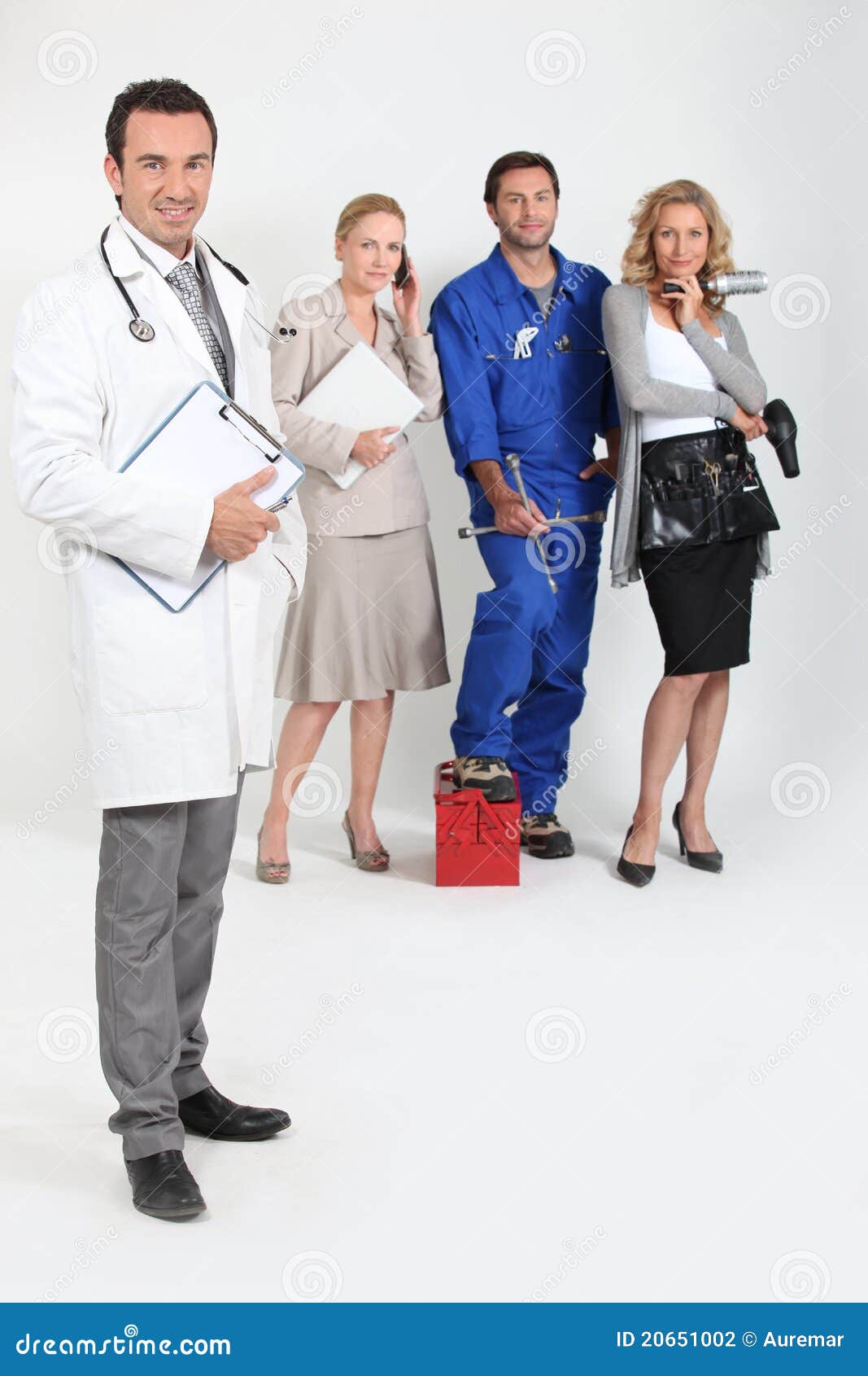 Doctor, Mechanic, Doctor and Secretary. Stock Photo - Image of front ...