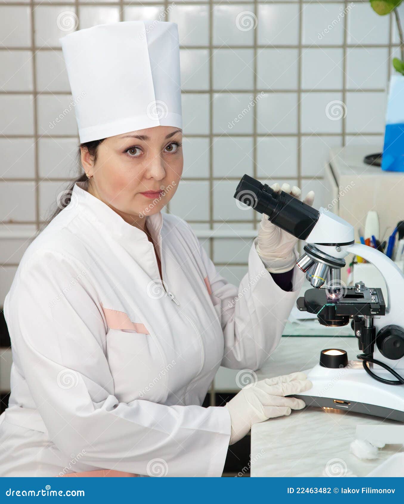 Doctor with Microscope in Lab Stock Photo - Image of adult, people ...
