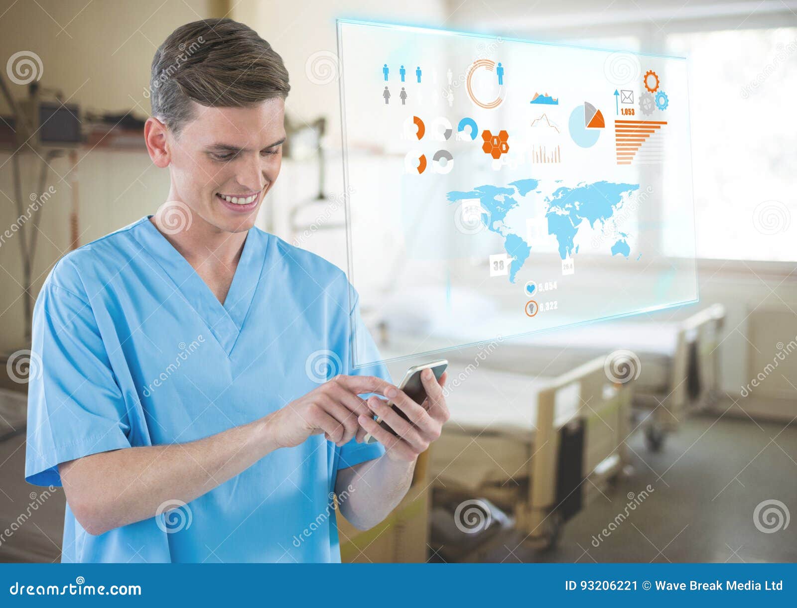 Doctor on Mobile Phone with Interface in Hospital Room Stock Image ...