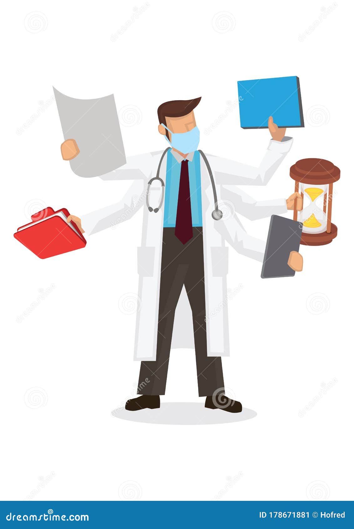 Multitasking Doctor Standing On White. Cartoon Vector | CartoonDealer ...