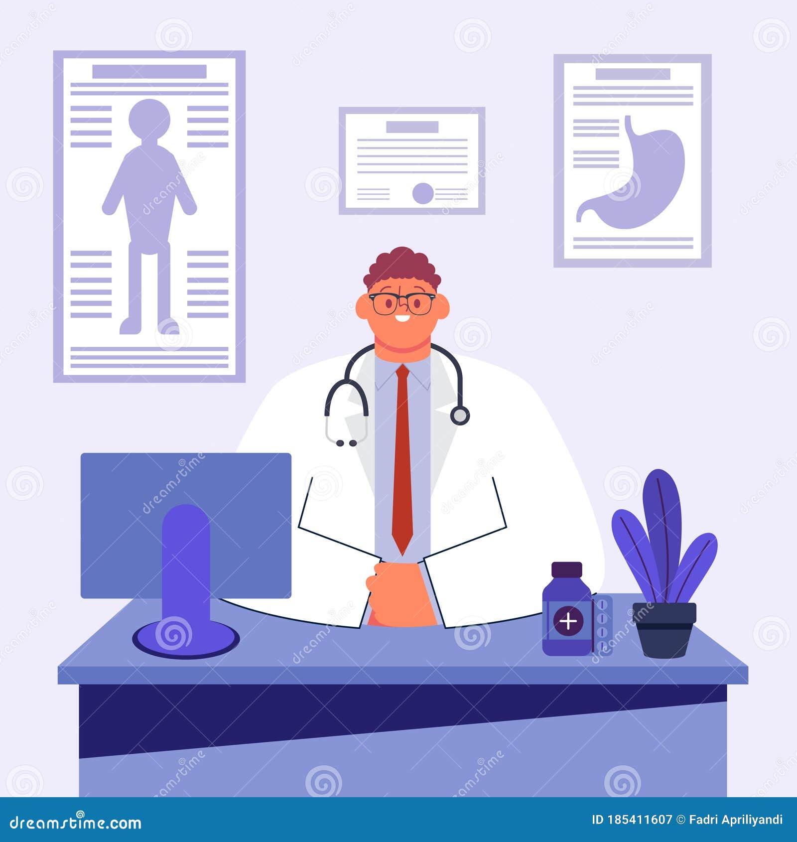 Flat Design Doctor in Office Table Vector Stock Vector - Illustration ...