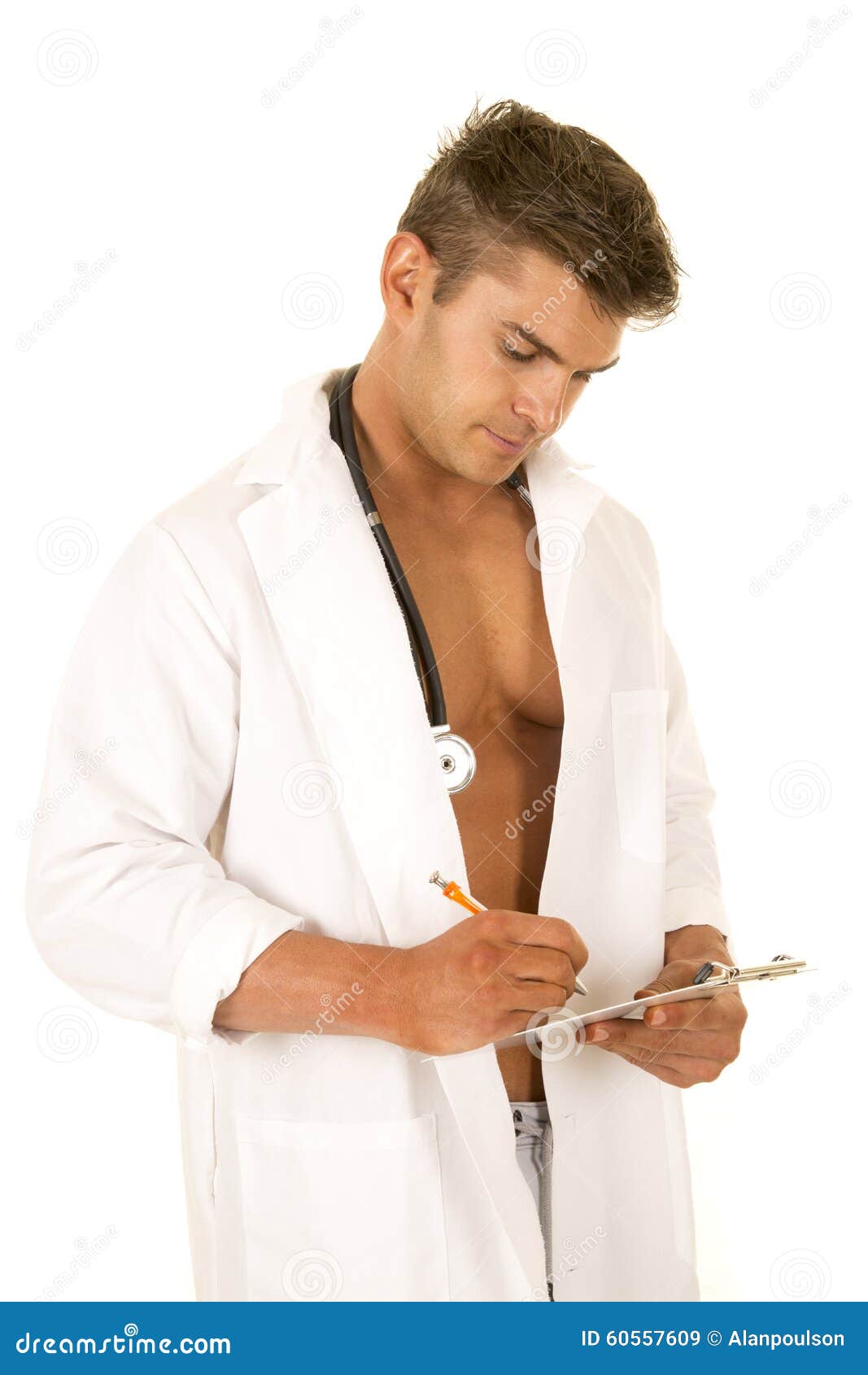 Doctor with Open Jacket and Clipboard Serious Write Stock Image - Image ...