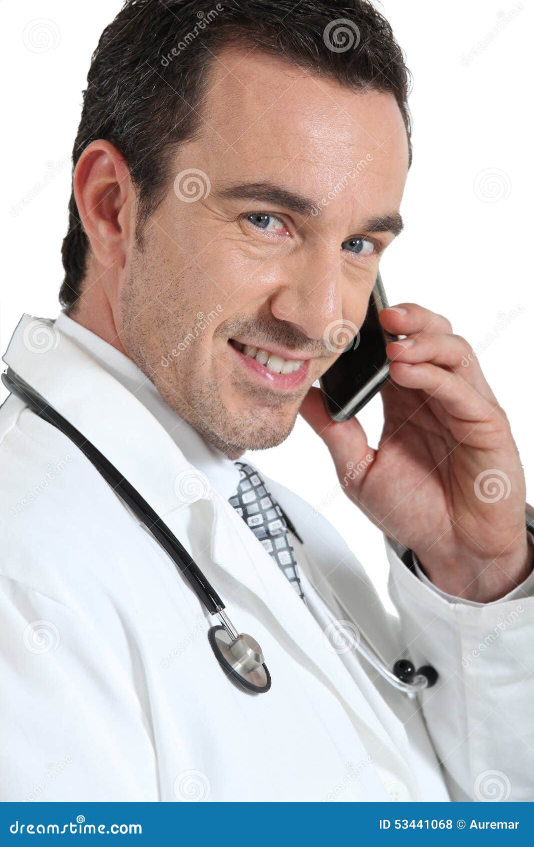 Doctor on phone smiling stock photo. Image of doctor - 53441068