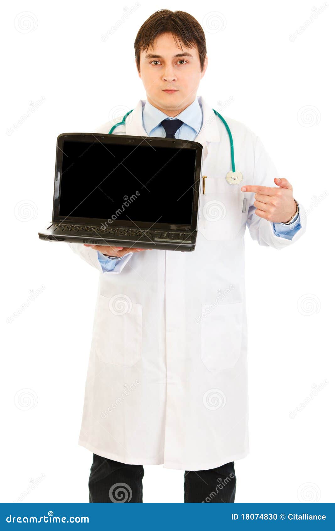 Doctor Pointing Finger on Laptops Blank Screen Stock Photo - Image of ...
