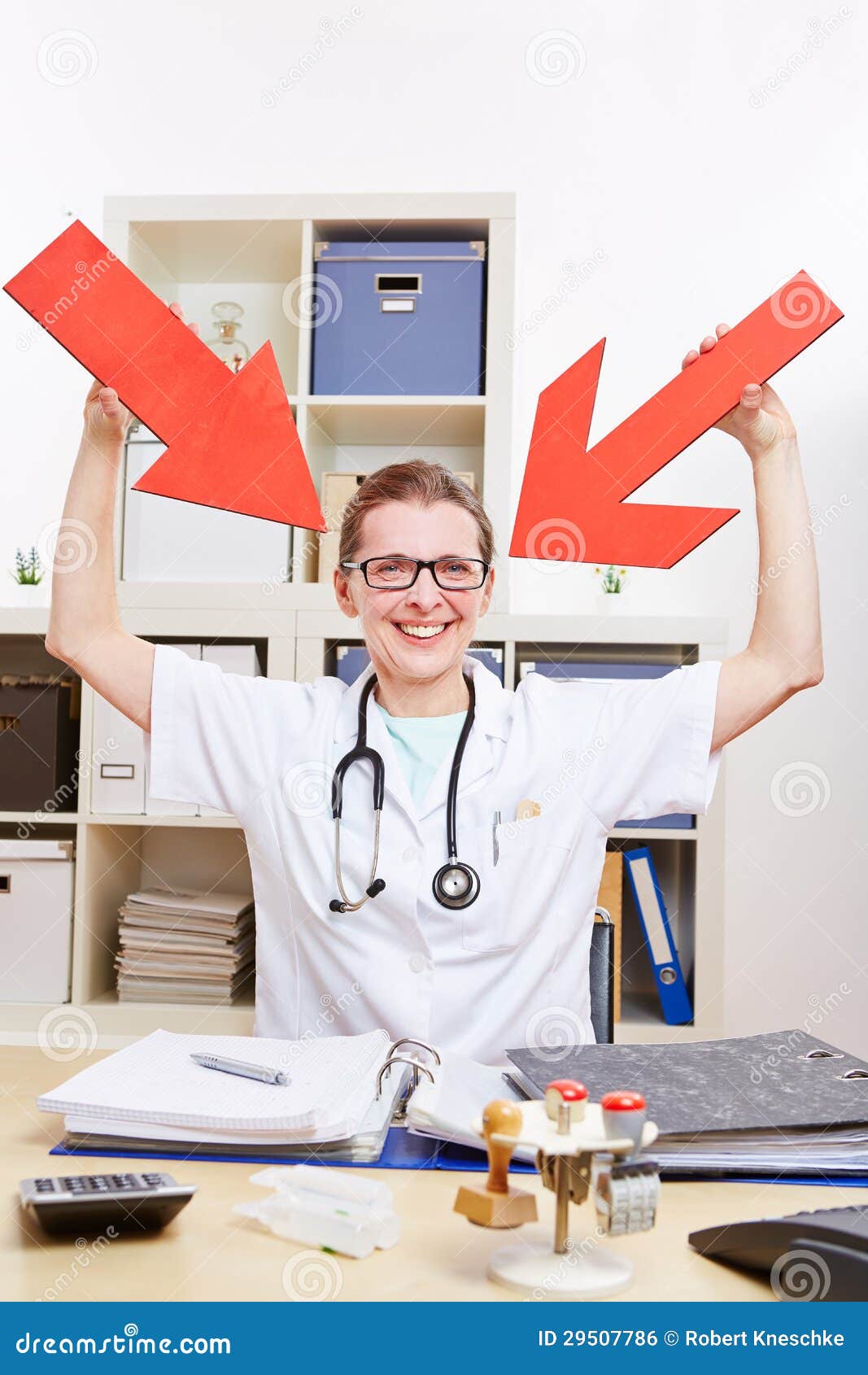 Doctor Pointing with Red Arrows Stock Photo - Image of direction ...
