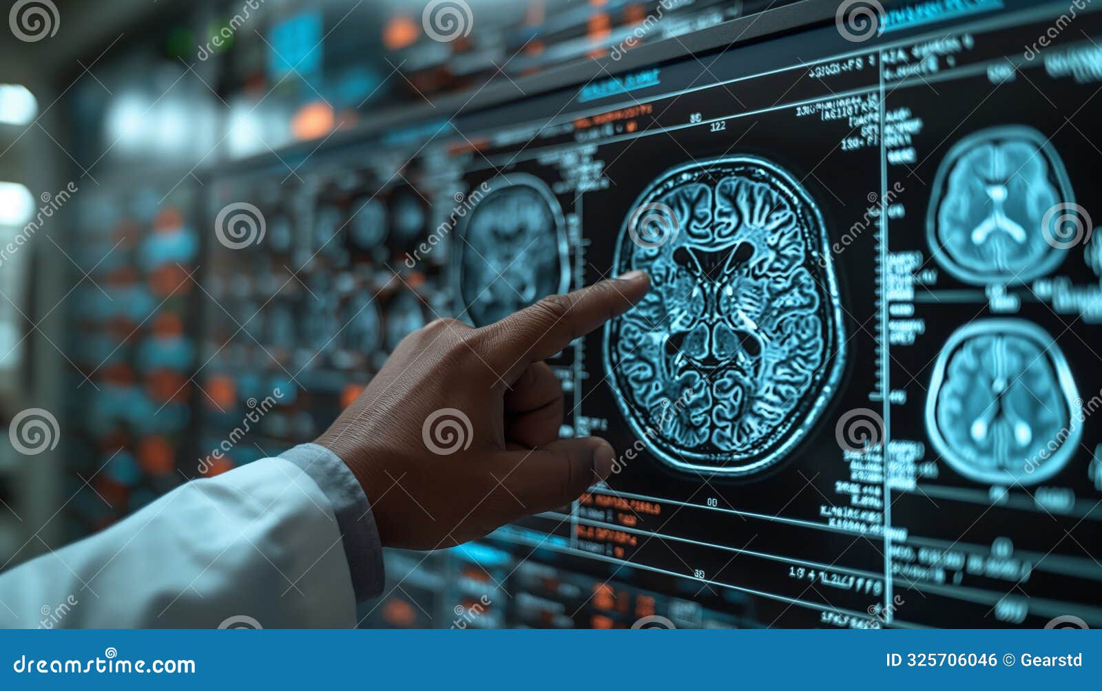 Doctor Points at Brain Scan Image on Monitor Screen. Stock Photo ...