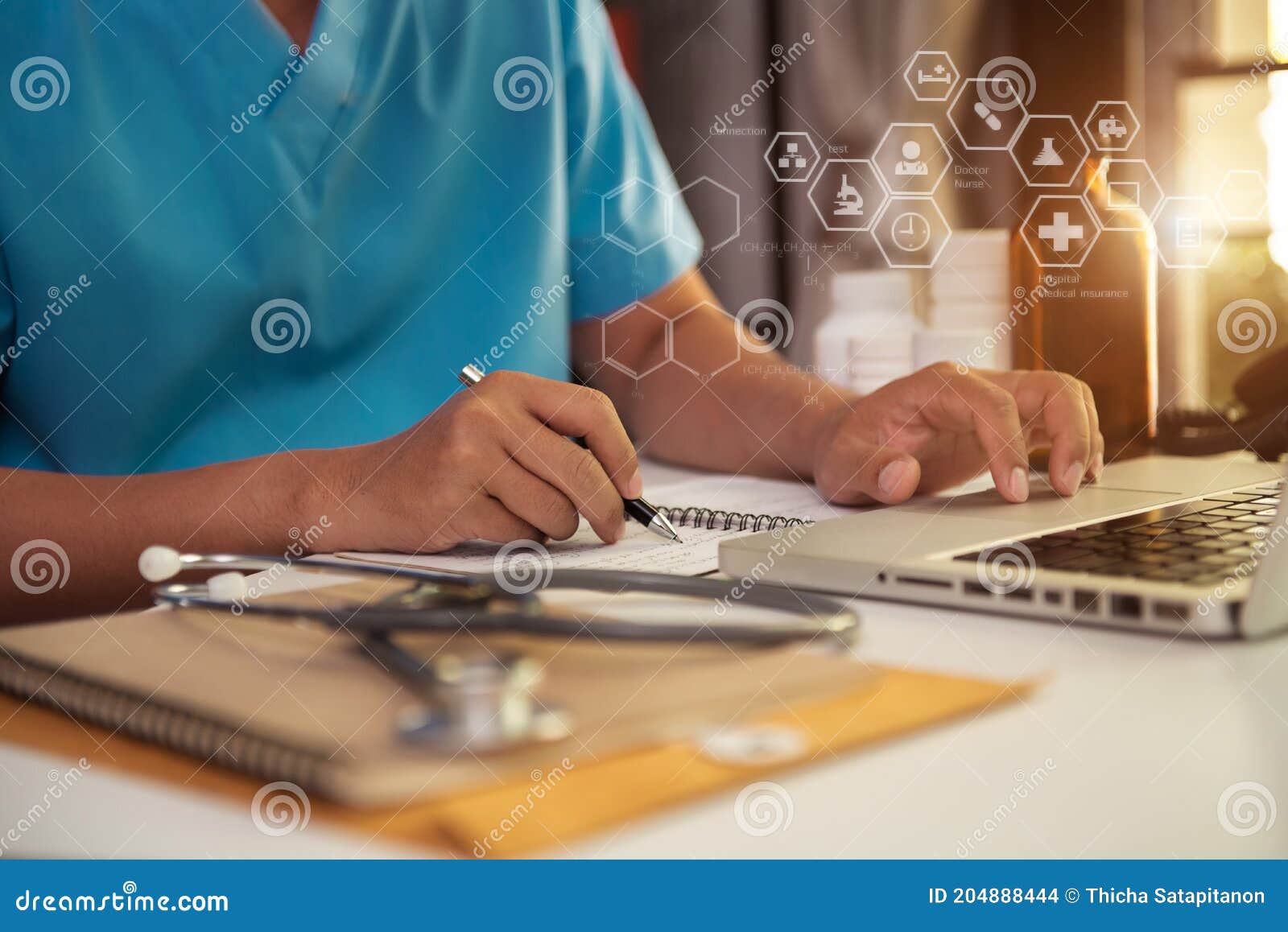 Doctor or Practitioner in Lab Room Writing on Blank Notebook and Work ...