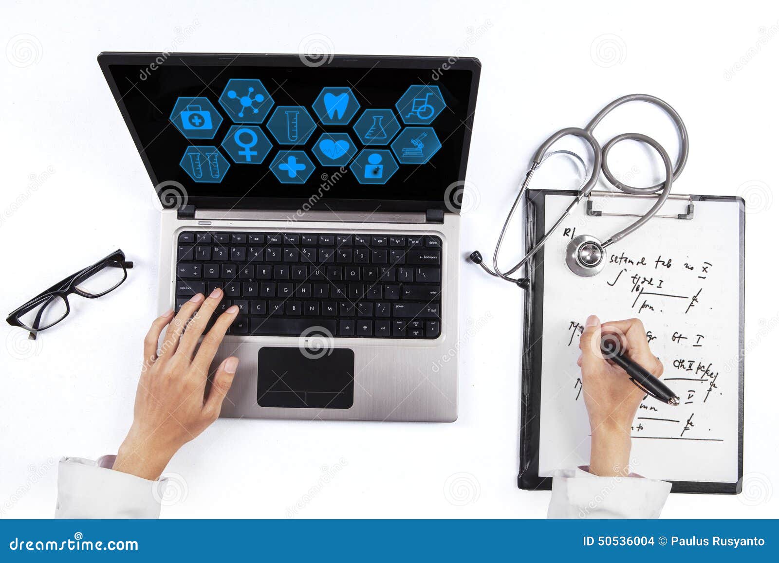 Doctor with Prescription and Laptop Stock Photo - Image of background ...
