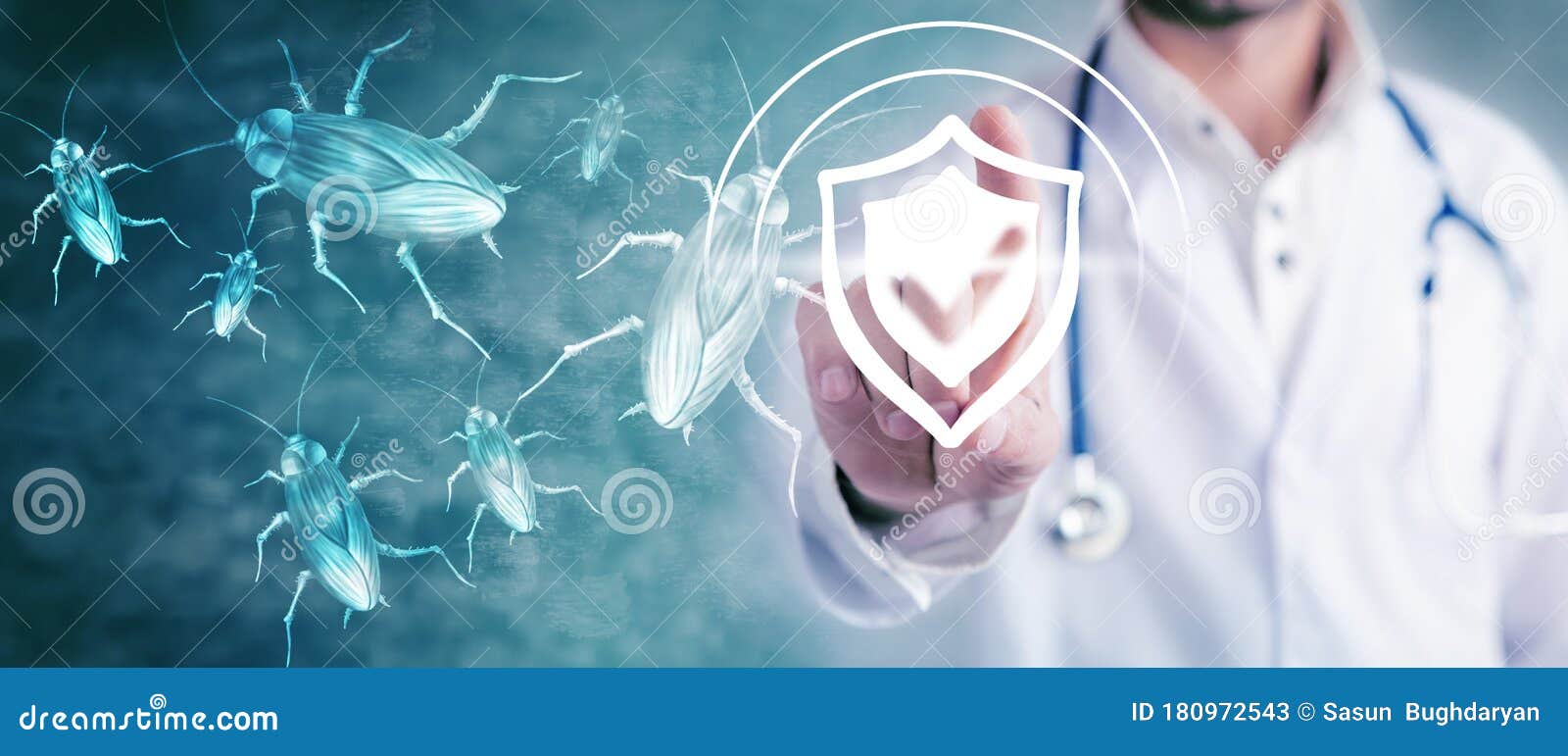 Doctor Presses the Cockroach and Antivirus Icon on the Screen Stock ...
