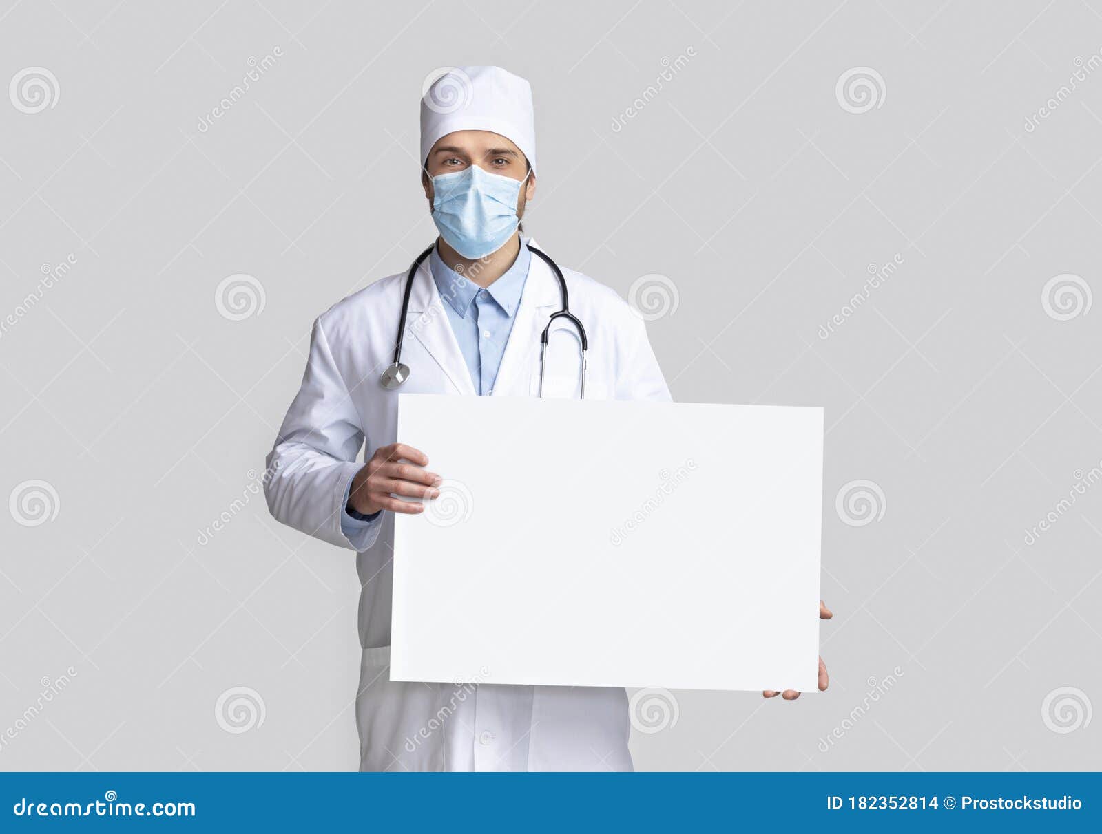 Doctor in Protective Mask Holding Blank Warning Sign Stock Photo ...